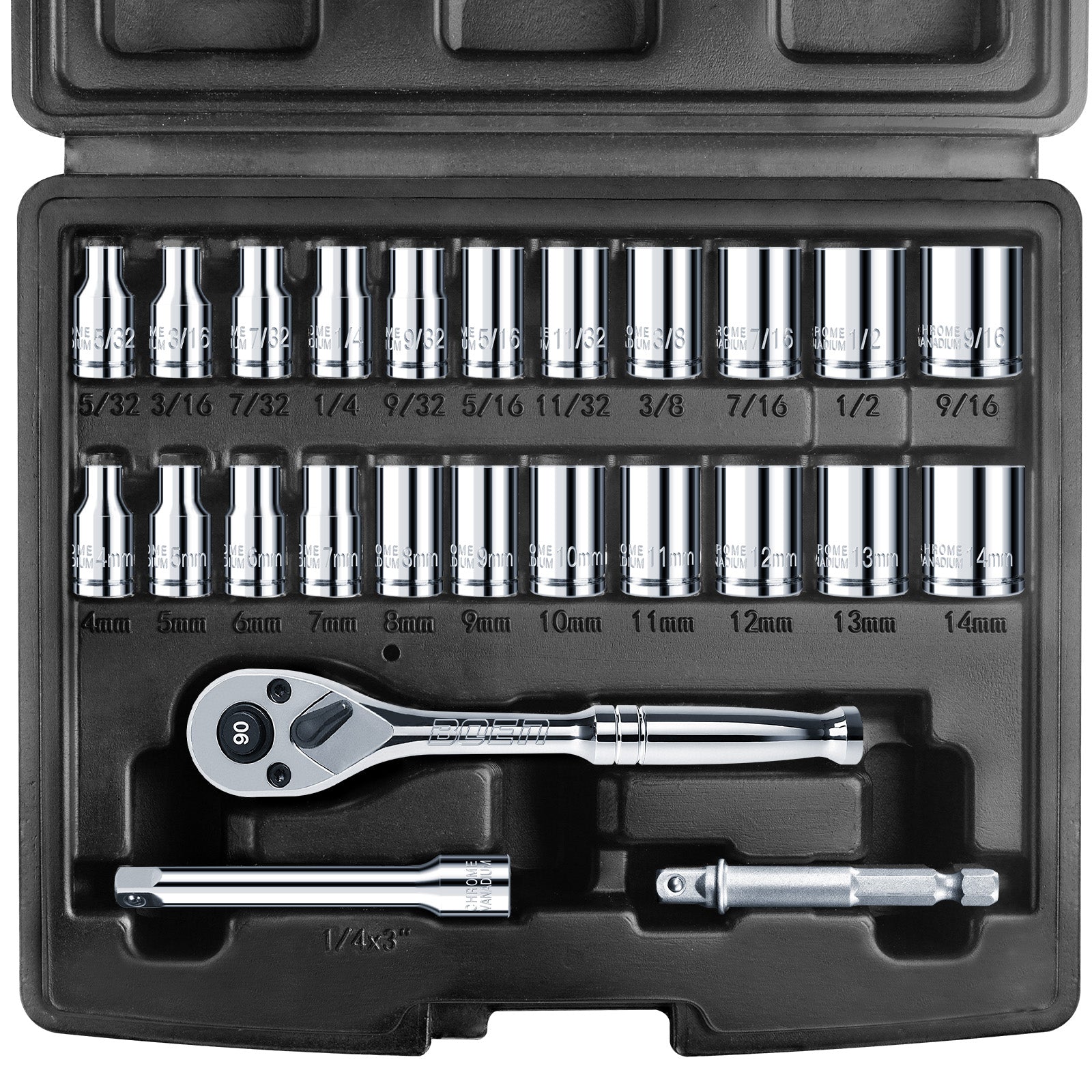 BOEN 25 Pieces 1/4" Drive Socket Set, SAE (5/32"-9/16") & Metric (4mm-