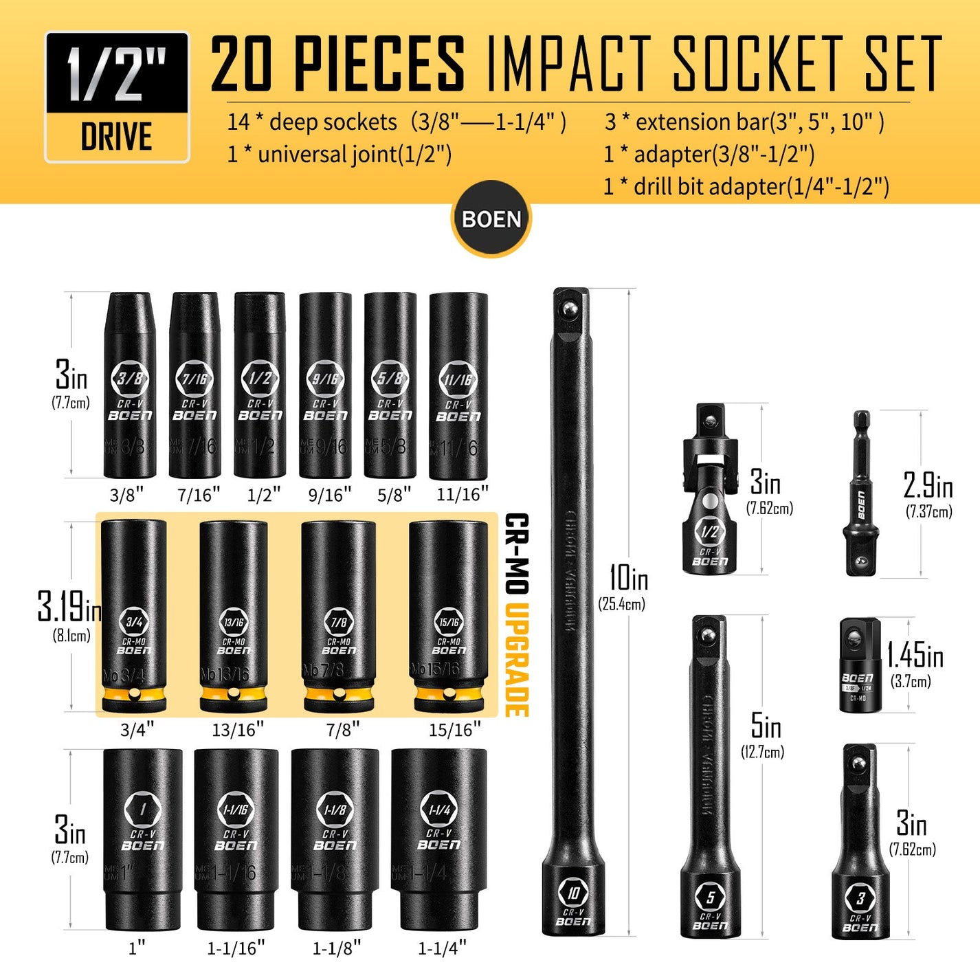BOEN Pro 20-Piece 1/2" Drive Deep Impact SAE Socket Set