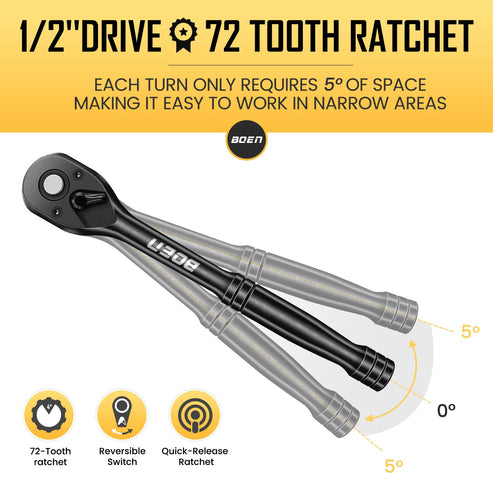 BOENTools 1/2" 72-Tooth Chrome Alloy Ratchet Torque Wrench