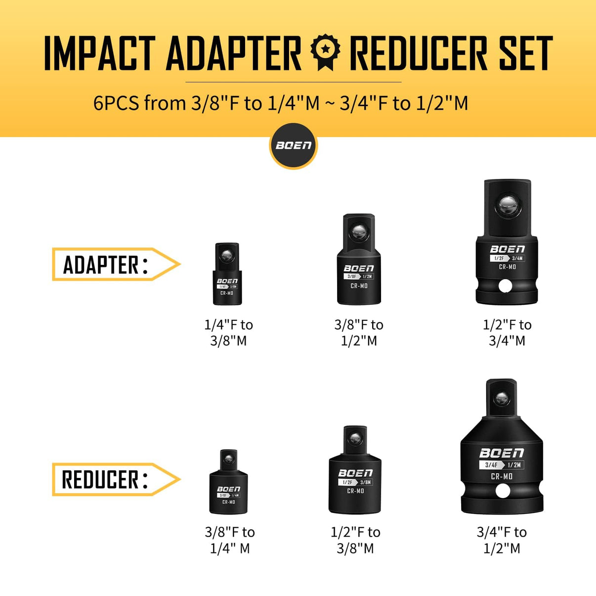 BOENTools 6Pc Impact Socket Adapter Set